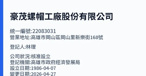 豪茂螺帽工廠股份有限公司的照片-統編 22083031(高雄市) 公司登記資料與營業項目詳細圖表