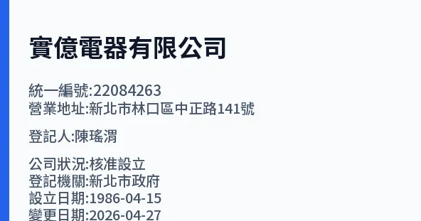 實億電器有限公司的照片-統編 22084263(新北市) 公司登記資料與營業項目詳細圖表
