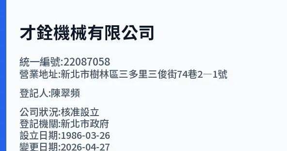 才銓機械有限公司的照片-統編 22087058(新北市) 公司登記資料與營業項目詳細圖表