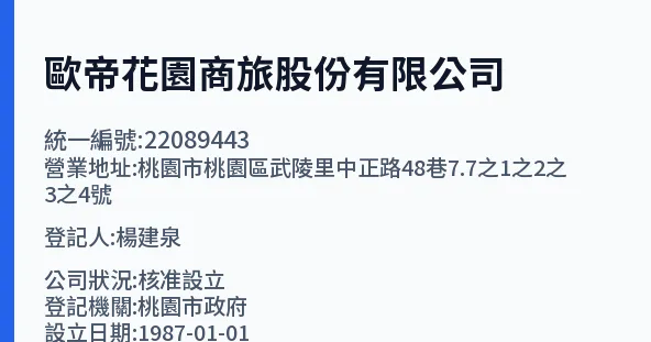 歐帝花園商旅股份有限公司的照片-統編 22089443(桃園市) 公司登記資料與營業項目詳細圖表