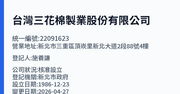 台灣三花棉製業股份有限公司的照片-統編 22091623(新北市) 公司登記資料與營業項目詳細圖表