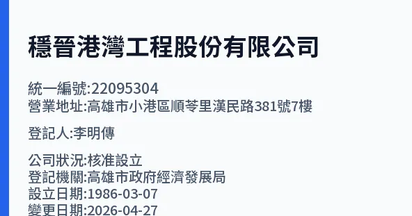 穩晉港灣工程股份有限公司的照片-統編 22095304(高雄市) 公司登記資料與營業項目詳細圖表