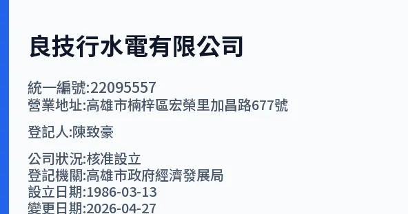 良技行水電有限公司的照片-統編 22095557(高雄市) 公司登記資料與營業項目詳細圖表