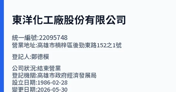 東洋化工廠股份有限公司的照片-統編 22095748(高雄市) 公司登記資料與營業項目詳細圖表