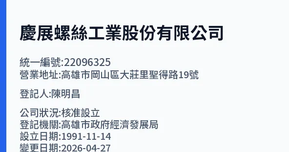 慶展螺絲工業股份有限公司的照片-統編 22096325(高雄市) 公司登記資料與營業項目詳細圖表