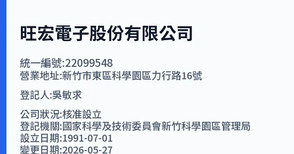旺宏電子股份有限公司的照片-統編 22099548(新竹市) 公司登記資料與營業項目詳細圖表