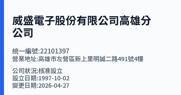 威盛電子股份有限公司高雄分公司的照片-統編 22101397(高雄市) 公司登記資料與營業項目詳細圖表