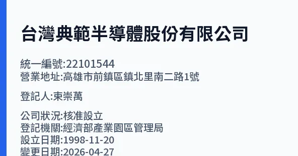 台灣典範半導體股份有限公司的照片-統編 22101544(高雄市) 公司登記資料與營業項目詳細圖表