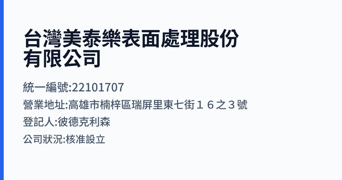 台灣美泰樂表面處理股份有限公司 - 統編 22101707(高雄市) 公司登記資料與營業項目詳細圖表