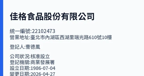 佳格食品股份有限公司的照片-統編 22102473(臺北市) 公司登記資料與營業項目詳細圖表