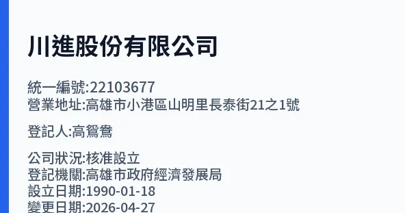 川進股份有限公司的照片-統編 22103677(高雄市) 公司登記資料與營業項目詳細圖表