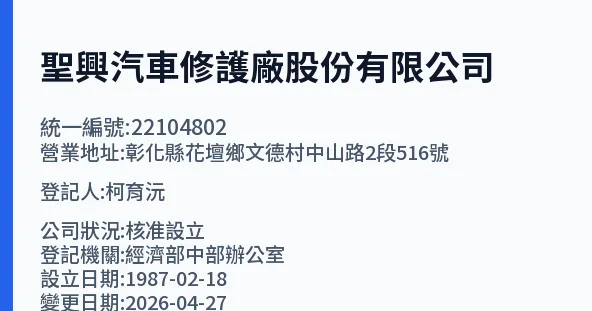 聖興汽車修護廠股份有限公司的照片-統編 22104802(彰化縣) 公司登記資料與營業項目詳細圖表