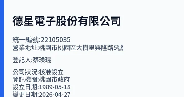 德星電子股份有限公司的照片-統編 22105035(桃園市) 公司登記資料與營業項目詳細圖表