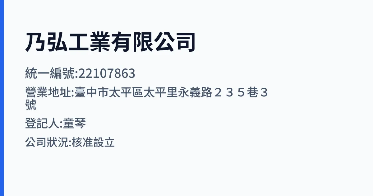 乃弘工業有限公司 - 統編 22107863(臺中市) 公司登記資料與營業項目詳細圖表
