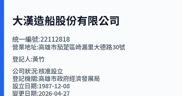 大漢造船股份有限公司的照片-統編 22112818(高雄市) 公司登記資料與營業項目詳細圖表