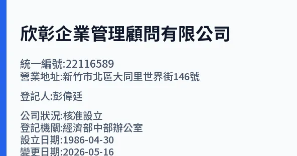 欣彰企業管理顧問有限公司的照片-統編 22116589(新竹市) 公司登記資料與營業項目詳細圖表