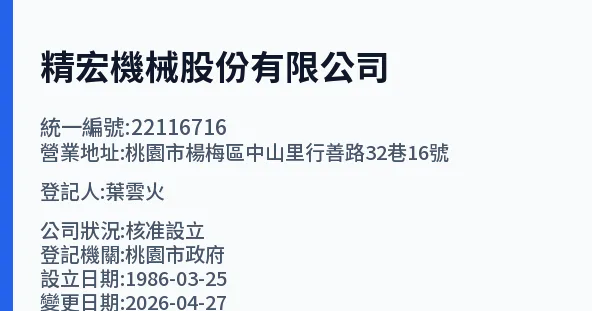 精宏機械股份有限公司的照片-統編 22116716(桃園市) 公司登記資料與營業項目詳細圖表