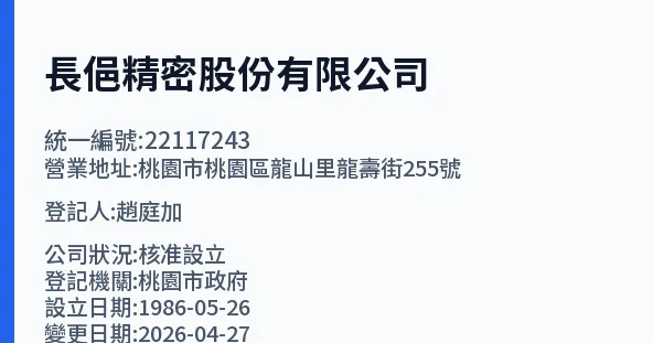 長俋精密股份有限公司的照片-統編 22117243(桃園市) 公司登記資料與營業項目詳細圖表