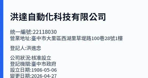 洪達自動化科技有限公司的照片-統編 22118030(臺中市) 公司登記資料與營業項目詳細圖表