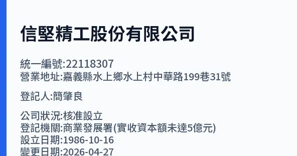 信堅精工股份有限公司的照片-統編 22118307(嘉義縣) 公司登記資料與營業項目詳細圖表