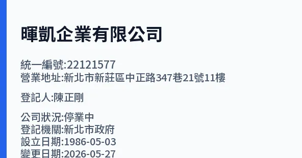 暉凱企業有限公司的照片-統編 22121577(新北市) 公司登記資料與營業項目詳細圖表