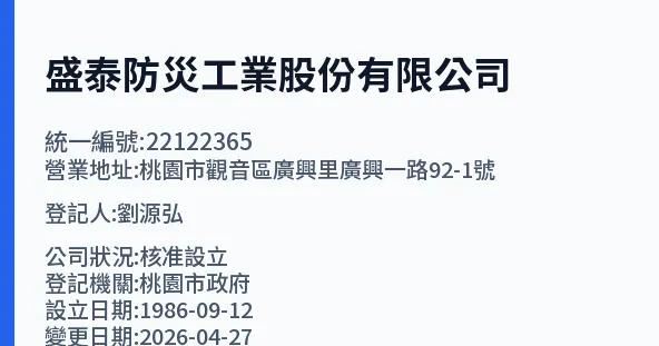 盛泰防災工業股份有限公司的照片-統編 22122365(桃園市) 公司登記資料與營業項目詳細圖表