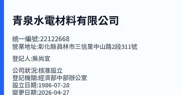 青泉水電材料有限公司的照片-統編 22122668(彰化縣) 公司登記資料與營業項目詳細圖表