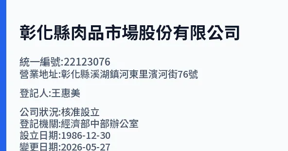 彰化縣肉品市場股份有限公司的照片-統編 22123076(彰化縣) 公司登記資料與營業項目詳細圖表