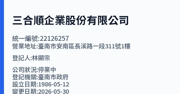 三合順企業股份有限公司的照片-統編 22126257(臺南市) 公司登記資料與營業項目詳細圖表