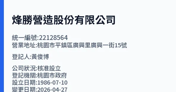 烽勝營造股份有限公司的照片-統編 22128564(桃園市) 公司登記資料與營業項目詳細圖表