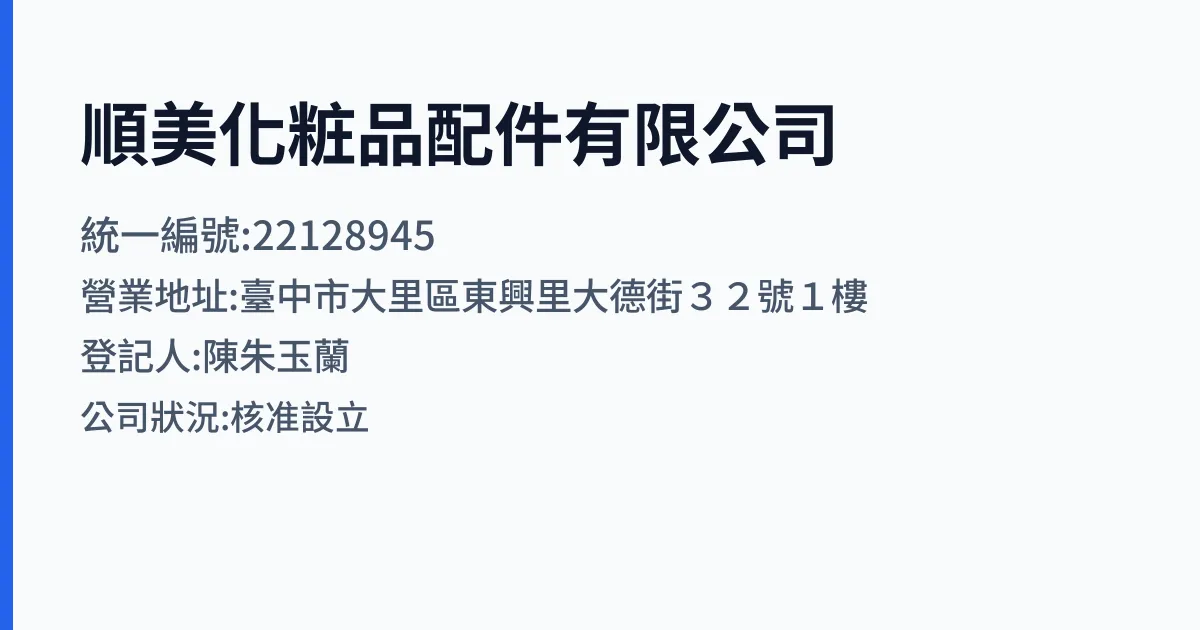 順美化粧品配件有限公司 - 統編 22128945(臺中市) 公司登記資料與營業項目詳細圖表