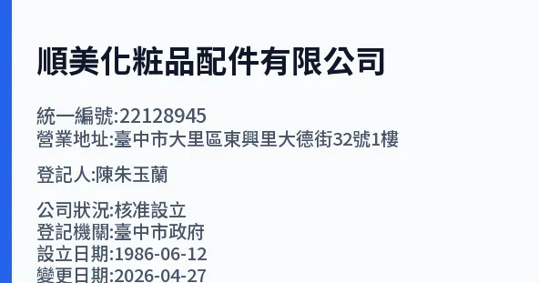 順美化粧品配件有限公司的照片-統編 22128945(臺中市) 公司登記資料與營業項目詳細圖表