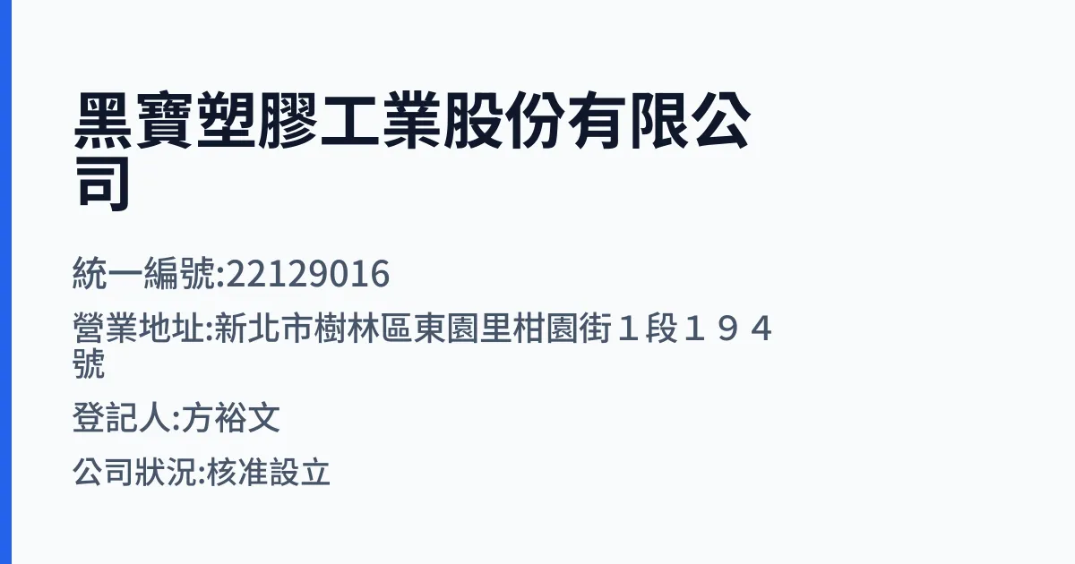 黑寶塑膠工業股份有限公司 - 統編 22129016(新北市) 公司登記資料與營業項目詳細圖表