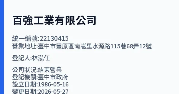 百強工業有限公司的照片-統編 22130415(臺中市) 公司登記資料與營業項目詳細圖表