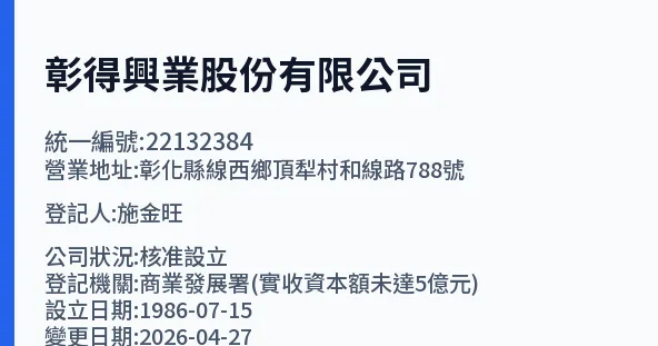 彰得興業股份有限公司的照片-統編 22132384(彰化縣) 公司登記資料與營業項目詳細圖表