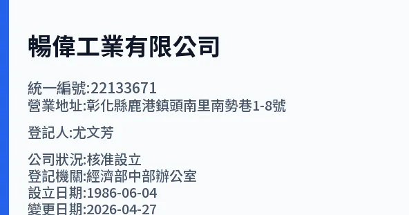 暢偉工業有限公司的照片-統編 22133671(彰化縣) 公司登記資料與營業項目詳細圖表