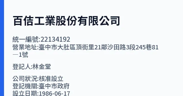 百佶工業股份有限公司的照片-統編 22134192(臺中市) 公司登記資料與營業項目詳細圖表