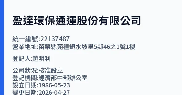 盈達環保通運股份有限公司的照片-統編 22137487(苗栗縣) 公司登記資料與營業項目詳細圖表