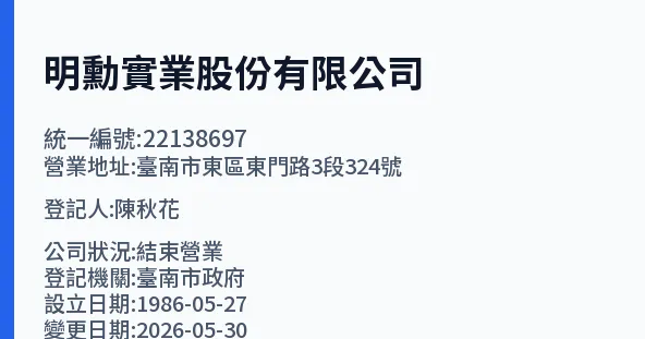 明勳實業股份有限公司的照片-統編 22138697(臺南市) 公司登記資料與營業項目詳細圖表