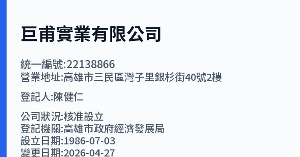 巨甫實業有限公司的照片-統編 22138866(高雄市) 公司登記資料與營業項目詳細圖表