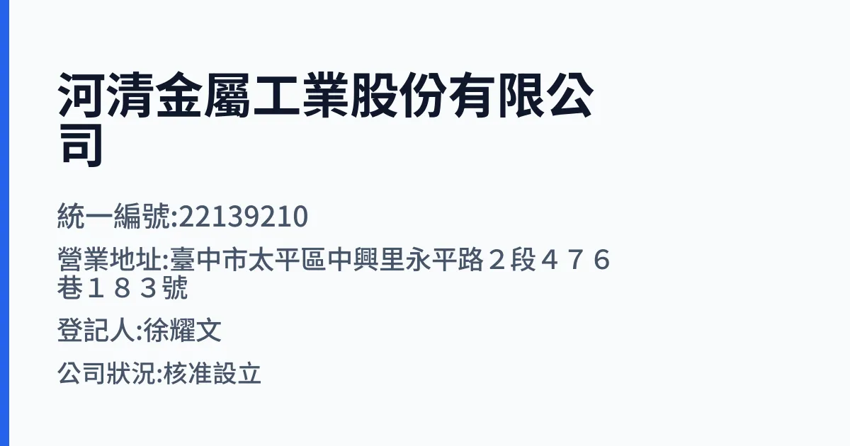 河清金屬工業股份有限公司 - 統編 22139210(臺中市) 公司登記資料與營業項目詳細圖表