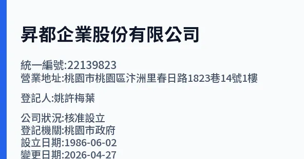 昇都企業股份有限公司的照片-統編 22139823(桃園市) 公司登記資料與營業項目詳細圖表