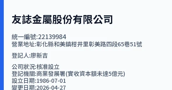 友誌金屬股份有限公司的照片-統編 22139984(彰化縣) 公司登記資料與營業項目詳細圖表