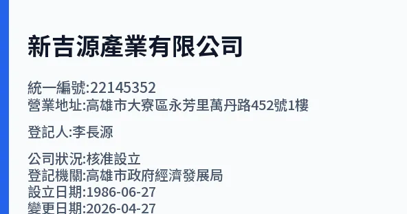 新吉源產業有限公司的照片-統編 22145352(高雄市) 公司登記資料與營業項目詳細圖表
