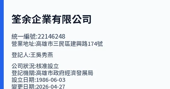 筌余企業有限公司的照片-統編 22146248(高雄市) 公司登記資料與營業項目詳細圖表