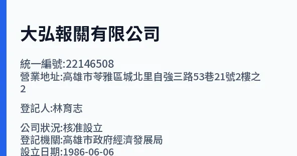 大弘報關有限公司的照片-統編 22146508(高雄市) 公司登記資料與營業項目詳細圖表