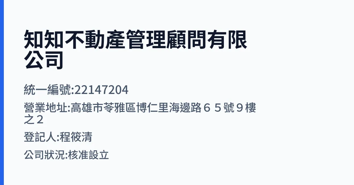 知知不動產管理顧問有限公司 - 統編 22147204(高雄市) 公司登記資料與營業項目詳細圖表