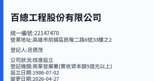 百總工程股份有限公司的照片-統編 22147470(高雄市) 公司登記資料與營業項目詳細圖表