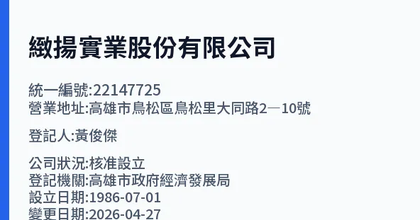 緻揚實業股份有限公司的照片-統編 22147725(高雄市) 公司登記資料與營業項目詳細圖表