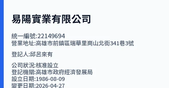 易陽實業有限公司的照片-統編 22149694(高雄市) 公司登記資料與營業項目詳細圖表
